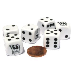 Set of 6 Cow Dice 16mm D6 Rounded Edge Koplow Animal Dice- White with Black Pips