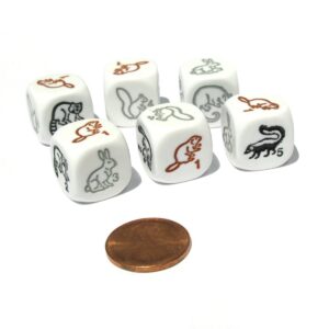 Koplow Games Set of 6 Woodland Creatures 16mm D6 Animal Dice - White with Multi-Color Etches