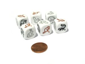 koplow games set of 6 woodland creatures 16mm d6 animal dice - white with multi-color etches