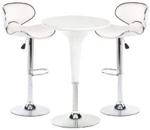 displays2go white cocktail table with 2 chairs, adjustable height, abs plastic and steel construction, leatherette upholstery – white, chrome (tsfurnk14)