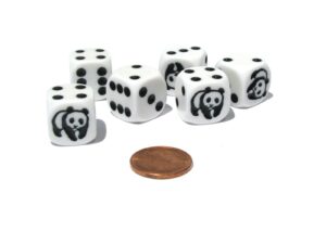 set of 6 panda 16mm d6 round edged koplow animal dice - white with black pips