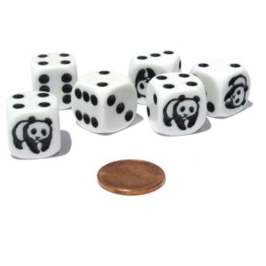 Set of 6 Panda 16mm D6 Round Edged Koplow Animal Dice - White with Black Pips