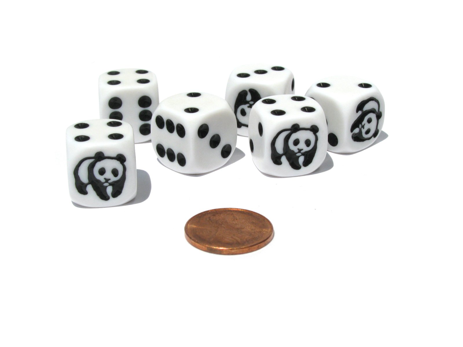 Set of 6 Panda 16mm D6 Round Edged Koplow Animal Dice - White with Black Pips