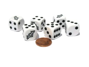 set of 6 bat 16mm d6 round edge koplow animal dice - white with black pips