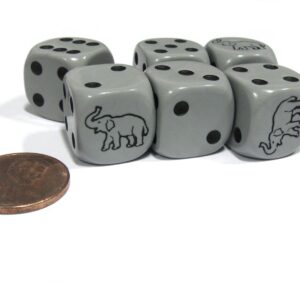 Set of 6 Elephant Dice 16mm D6 Rounded Edges Koplow Dice - Gray with Black Pips by Koplow Games