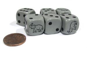 set of 6 elephant dice 16mm d6 rounded edges koplow dice - gray with black pips by koplow games