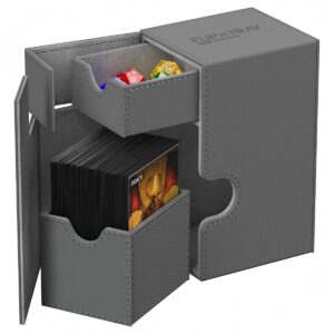 ultimate guard flip 'n' tray 80+, deck case for 80 double-sleeved tcg cards + dice tray, grey, independent magnetic closure & microfiber lining