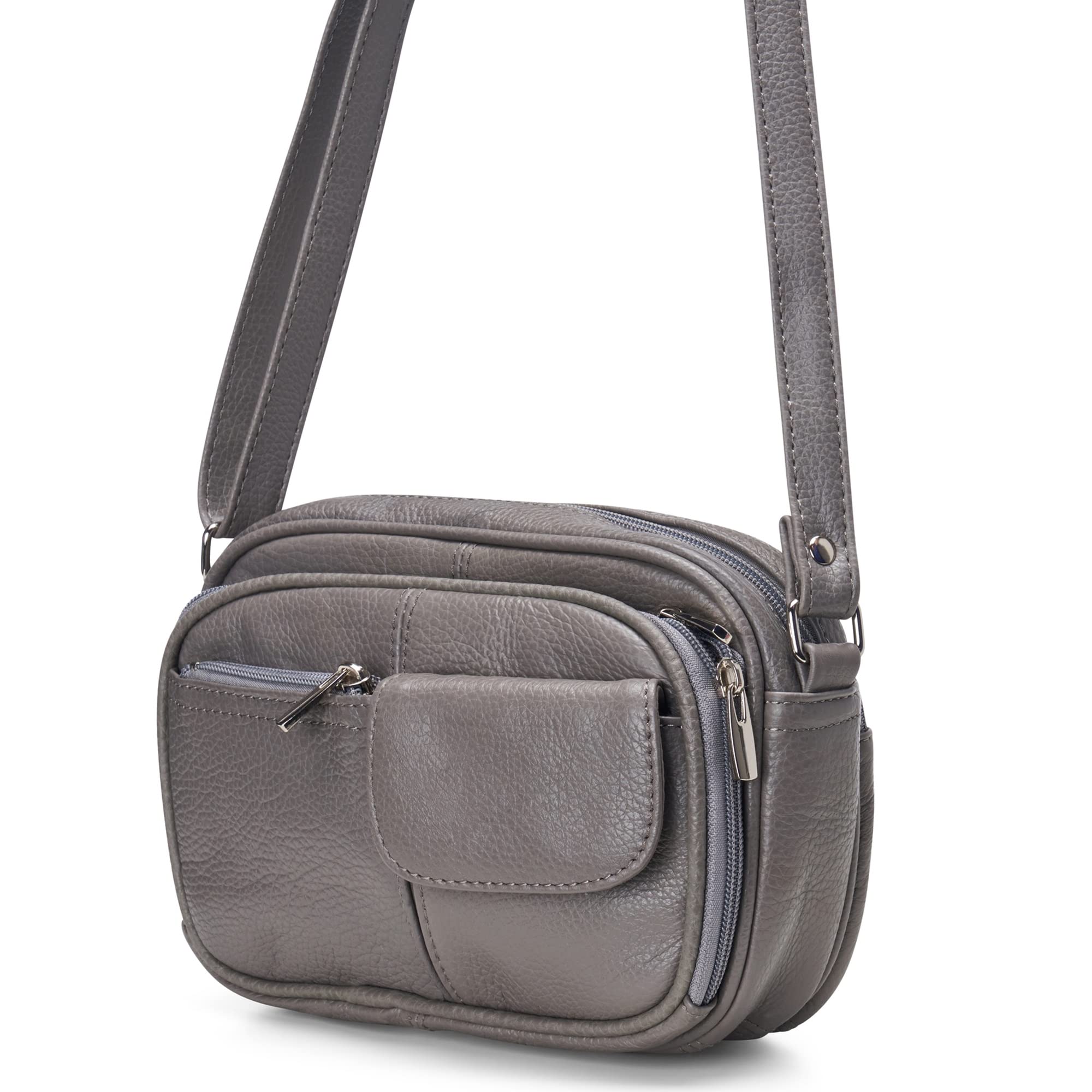 Womens Leather Adjustable Strap Multi Pocket Organizer Cross Body Purse Grey