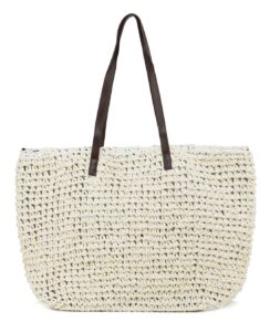 ilishop women's classic woven straw tote summer beach weaving handbag shoulder bag (white)