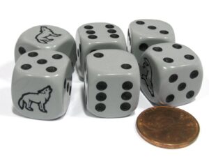 set of 6 wolf 16mm d6 round edge koplow animal dice gray with black pips