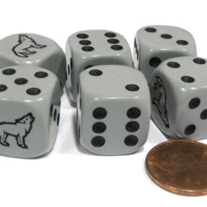 Set of 6 Wolf 16mm D6 Round Edge Koplow Animal Dice Gray with Black Pips