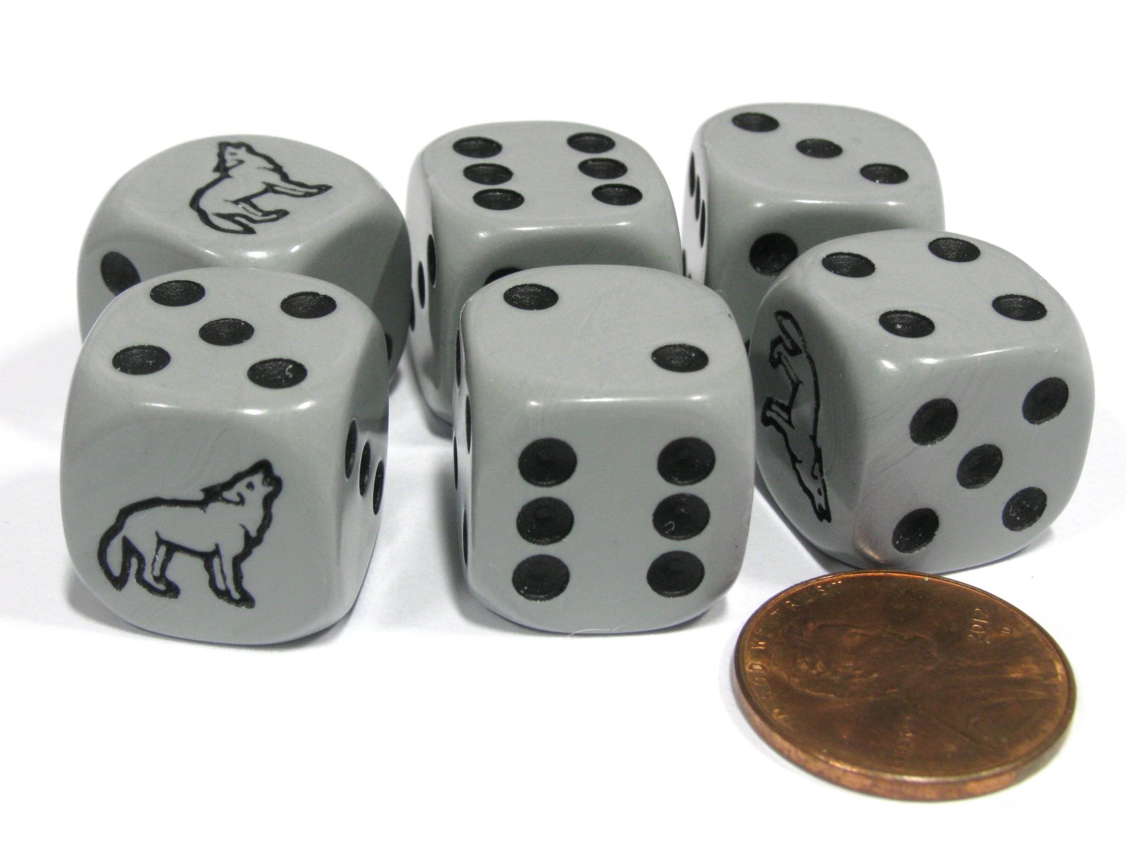 Set of 6 Wolf 16mm D6 Round Edge Koplow Animal Dice Gray with Black Pips