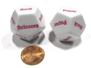 koplow games set of 2 d12 12-sided rock, paper, scissors game dice - white with pink letters