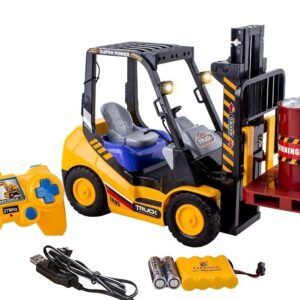 WolVolk 6-Channel Electric Remote Control Forklift - Functional RC Lighted Fork Lift Toy w/Pallet, Barrel, Rechargeable Batteries & Charger - Pretend Construction Playset for Kids