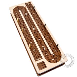 House of Cribbage - Continuous Cribbage Board Inlaid 4 Tracks Maple/Teakwood with Sliding Lids and Drawer