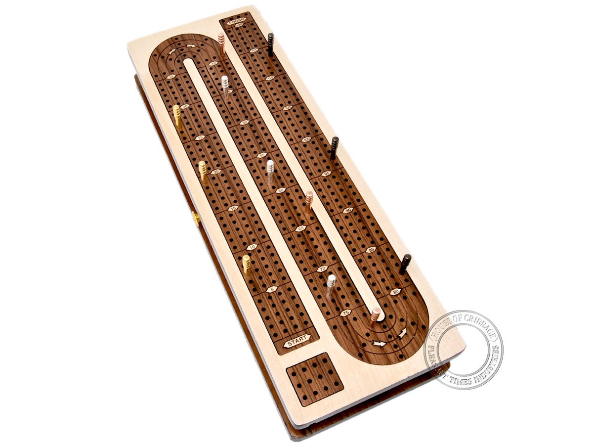 House of Cribbage - Continuous Cribbage Board Inlaid 4 Tracks Maple/Teakwood with Sliding Lids and Drawer