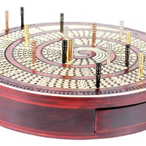 House of Cribbage - Cribbage Board Spiral Design Round Shape 4 Tracks Bloodwood/Maple with Place for Skunks, Corners & Won Games