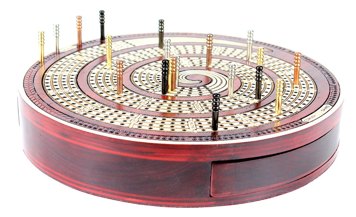 House of Cribbage - Cribbage Board Spiral Design Round Shape 4 Tracks Bloodwood/Maple with Place for Skunks, Corners & Won Games