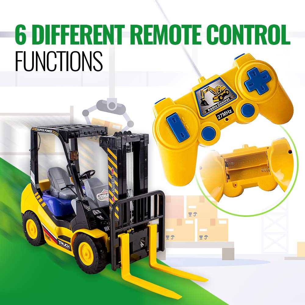 WolVolk 6-Channel Electric Remote Control Forklift - Functional RC Lighted Fork Lift Toy w/Pallet, Barrel, Rechargeable Batteries & Charger - Pretend Construction Playset for Kids