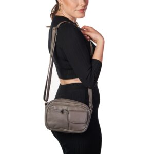 Womens Leather Adjustable Strap Multi Pocket Organizer Cross Body Purse Grey