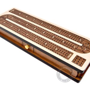 House of Cribbage - Continuous Cribbage Board Inlaid 4 Tracks Maple/Teakwood with Sliding Lids and Drawer