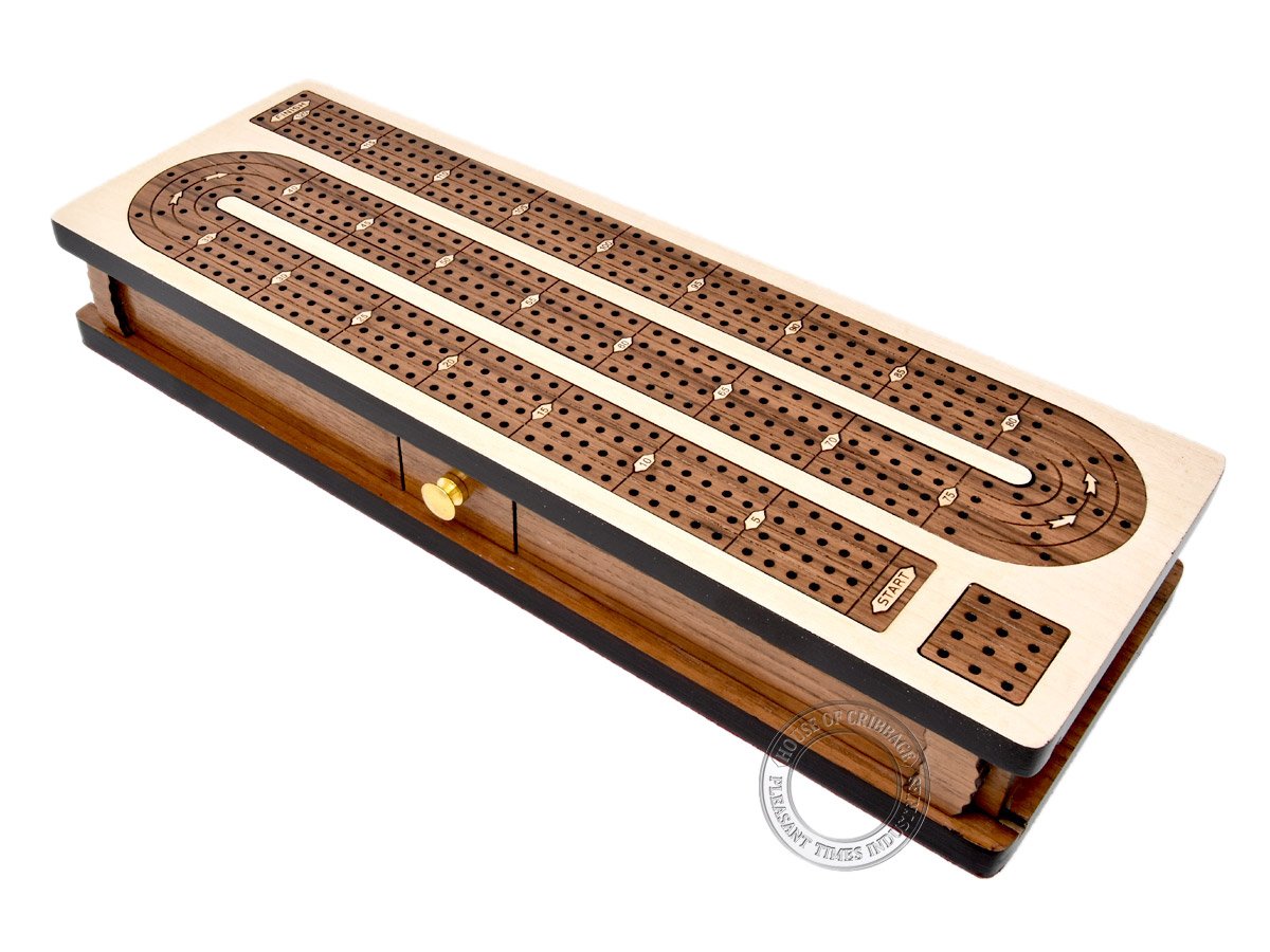 House of Cribbage - Continuous Cribbage Board Inlaid 4 Tracks Maple/Teakwood with Sliding Lids and Drawer