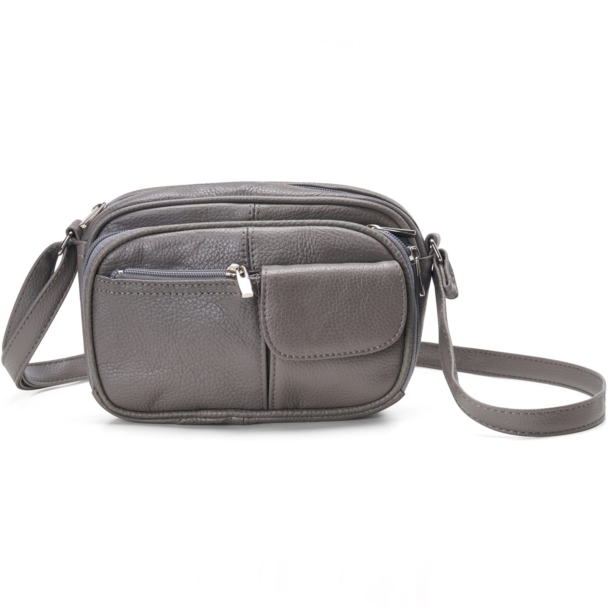 Womens Leather Adjustable Strap Multi Pocket Organizer Cross Body Purse Grey