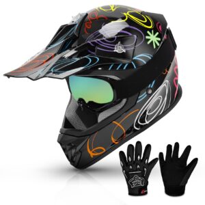 tcmt dot youth & kids motocross offroad street helmet green flame motorcycle youth helmet dirt bike motocross atv helmet+goggles+gloves m