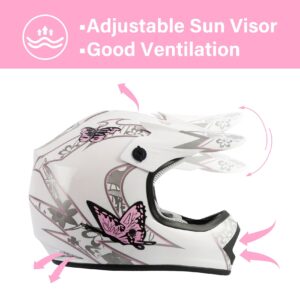 TCMT Dot Youth & Kids Motocross Offroad Street Helmet Pink Butterfly Motorcycle Youth Helmet Dirt Bike Motocross ATV Helmet+Goggles+Gloves L