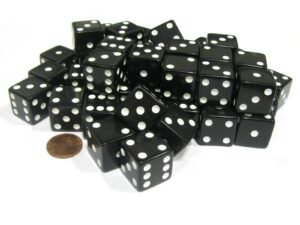 koplow games set of 50 large 19mm d6 opaque dice (over 1 pound of dice) - black w/white pip