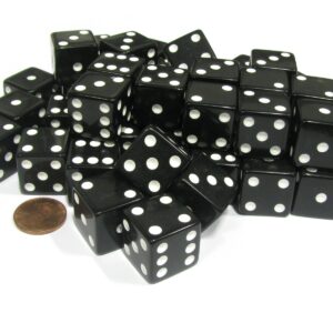 Koplow Games Set of 50 Large 19mm D6 Opaque Dice (Over 1 Pound of Dice) - Black w/White Pip