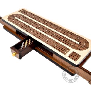 House of Cribbage - Continuous Cribbage Board Inlaid 4 Tracks Maple/Teakwood with Sliding Lids and Drawer