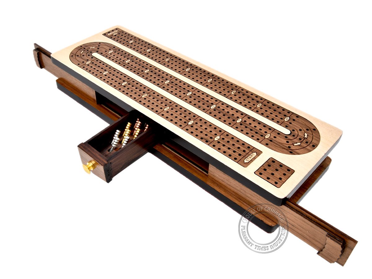 House of Cribbage - Continuous Cribbage Board Inlaid 4 Tracks Maple/Teakwood with Sliding Lids and Drawer