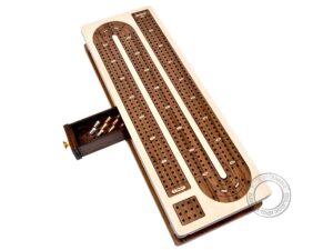 house of cribbage - continuous cribbage board inlaid 4 tracks maple/teakwood with sliding lids and drawer