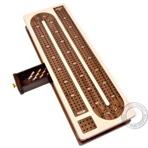 House of Cribbage - Continuous Cribbage Board Inlaid 4 Tracks Maple/Teakwood with Sliding Lids and Drawer