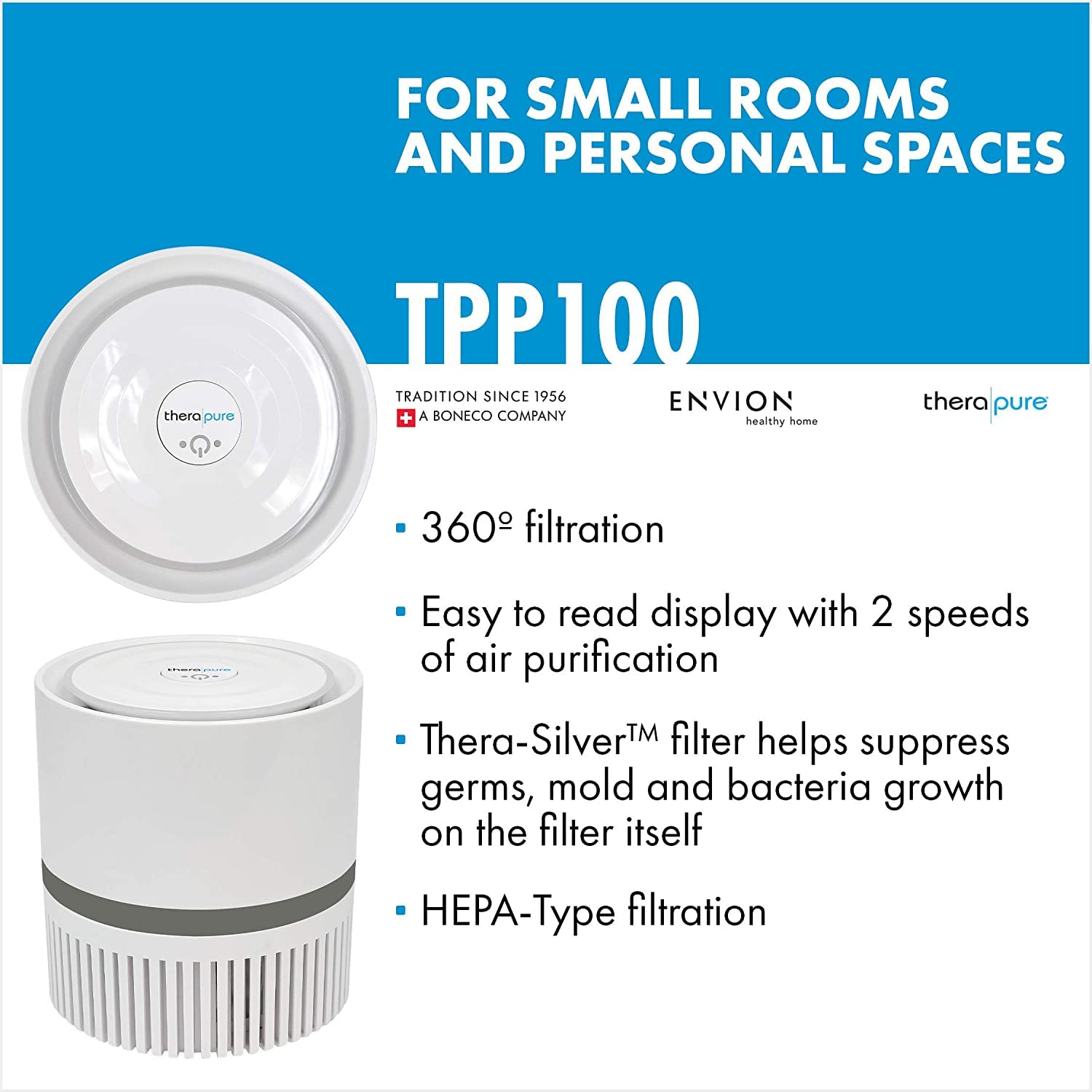 ENVION Therapure TPP100 Triple Action HEPA Type UV-C Air Purifier with 2 Fan Speeds for Small Spaces up to 25 Square Feet, White