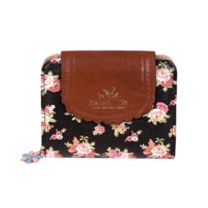 damara women pu zipper closure flower printed flap wallet,black