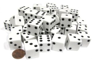 koplow games set of 50 large 19mm d6 opaque dice (over 1 pound of dice) - white w/black pip