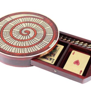 House of Cribbage - Cribbage Board Spiral Design Round Shape 4 Tracks Bloodwood/Maple with Place for Skunks, Corners & Won Games