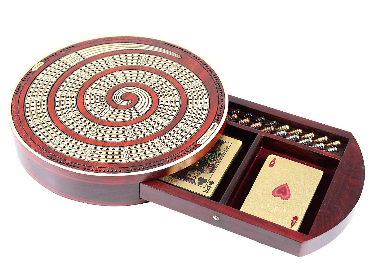 House of Cribbage - Cribbage Board Spiral Design Round Shape 4 Tracks Bloodwood/Maple with Place for Skunks, Corners & Won Games