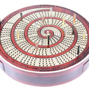 House of Cribbage - Cribbage Board Spiral Design Round Shape 4 Tracks Bloodwood/Maple with Place for Skunks, Corners & Won Games