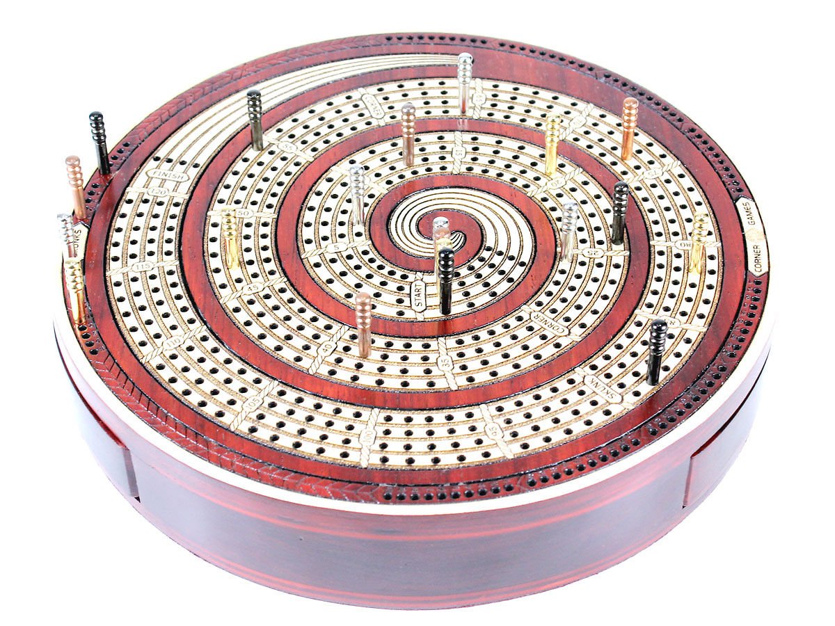 House of Cribbage - Cribbage Board Spiral Design Round Shape 4 Tracks Bloodwood/Maple with Place for Skunks, Corners & Won Games