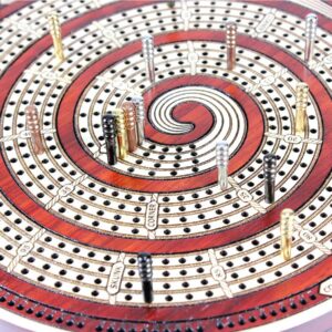 House of Cribbage - Cribbage Board Spiral Design Round Shape 4 Tracks Bloodwood/Maple with Place for Skunks, Corners & Won Games