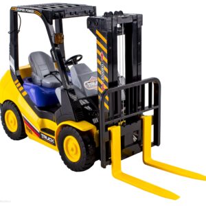 WolVolk 6-Channel Electric Remote Control Forklift - Functional RC Lighted Fork Lift Toy w/Pallet, Barrel, Rechargeable Batteries & Charger - Pretend Construction Playset for Kids