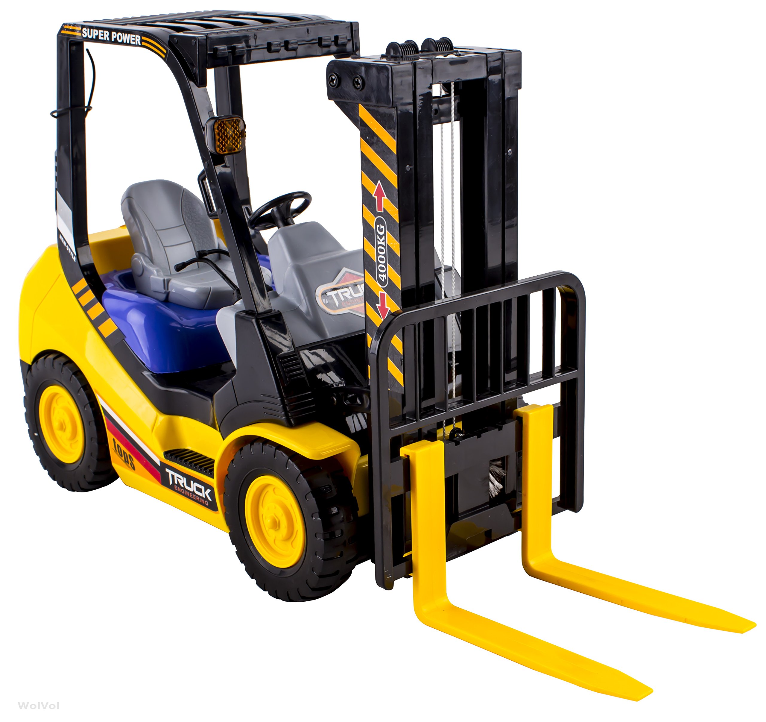 WolVolk 6-Channel Electric Remote Control Forklift - Functional RC Lighted Fork Lift Toy w/Pallet, Barrel, Rechargeable Batteries & Charger - Pretend Construction Playset for Kids