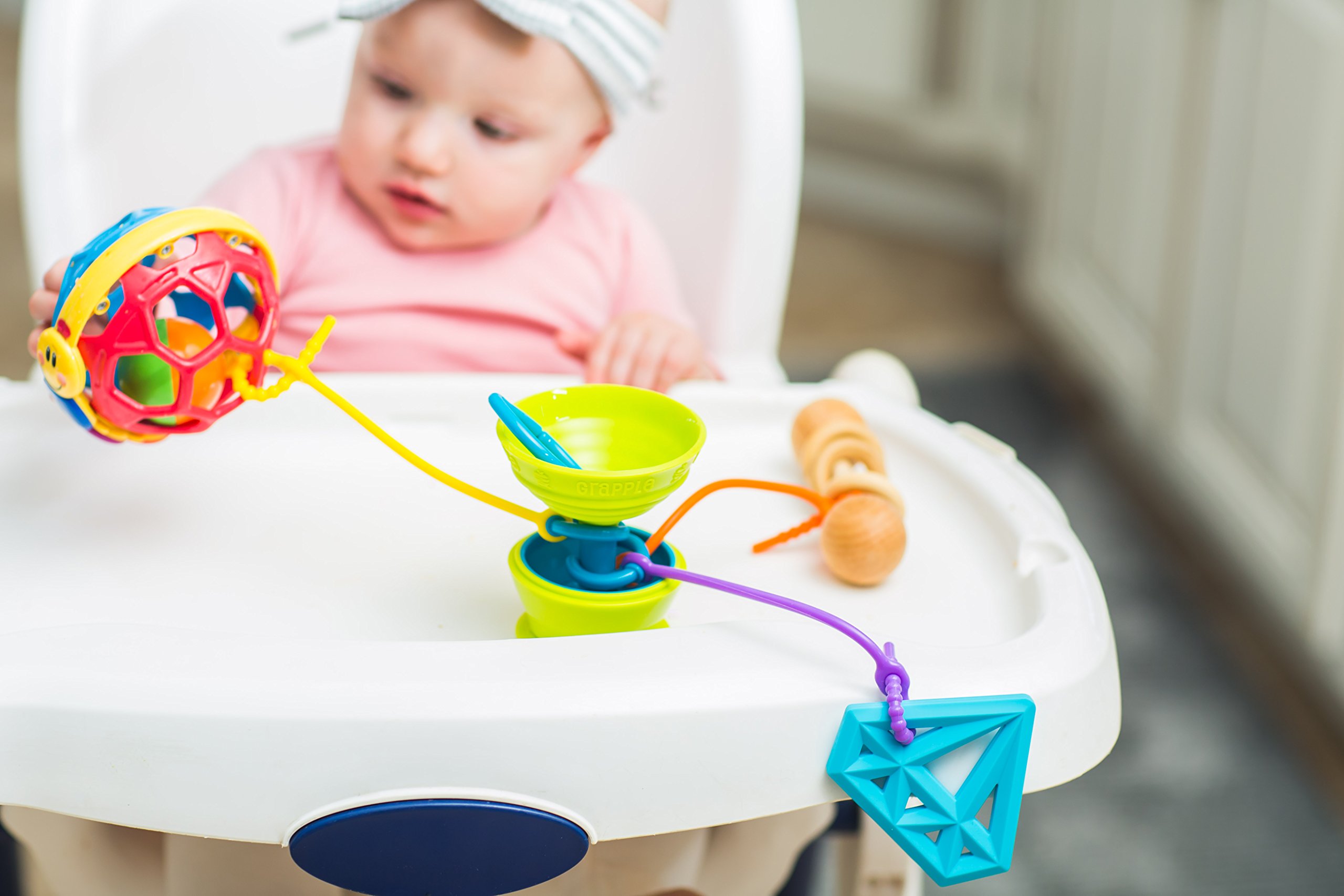 Grapple Suction Cup High Chair Toys Holder | 3 Toy Tethers Keep Toys from Falling | Holds Teethers, Toys, Snack Cups | for Babies 6-12 Months | Perfect for Travel and Restaurant