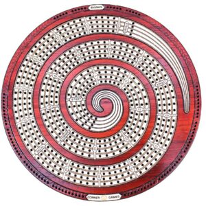 House of Cribbage - Cribbage Board Spiral Design Round Shape 4 Tracks Bloodwood/Maple with Place for Skunks, Corners & Won Games