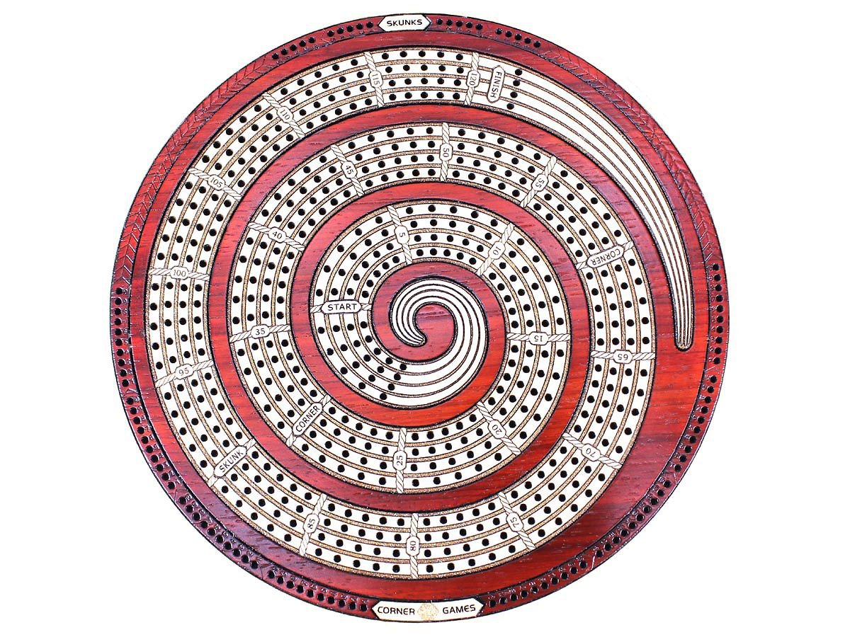 House of Cribbage - Cribbage Board Spiral Design Round Shape 4 Tracks Bloodwood/Maple with Place for Skunks, Corners & Won Games