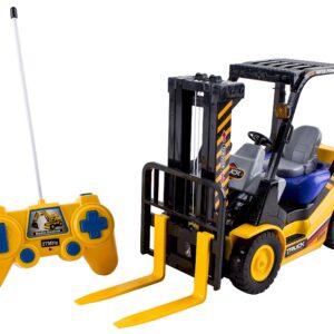 WolVolk 6-Channel Electric Remote Control Forklift - Functional RC Lighted Fork Lift Toy w/Pallet, Barrel, Rechargeable Batteries & Charger - Pretend Construction Playset for Kids