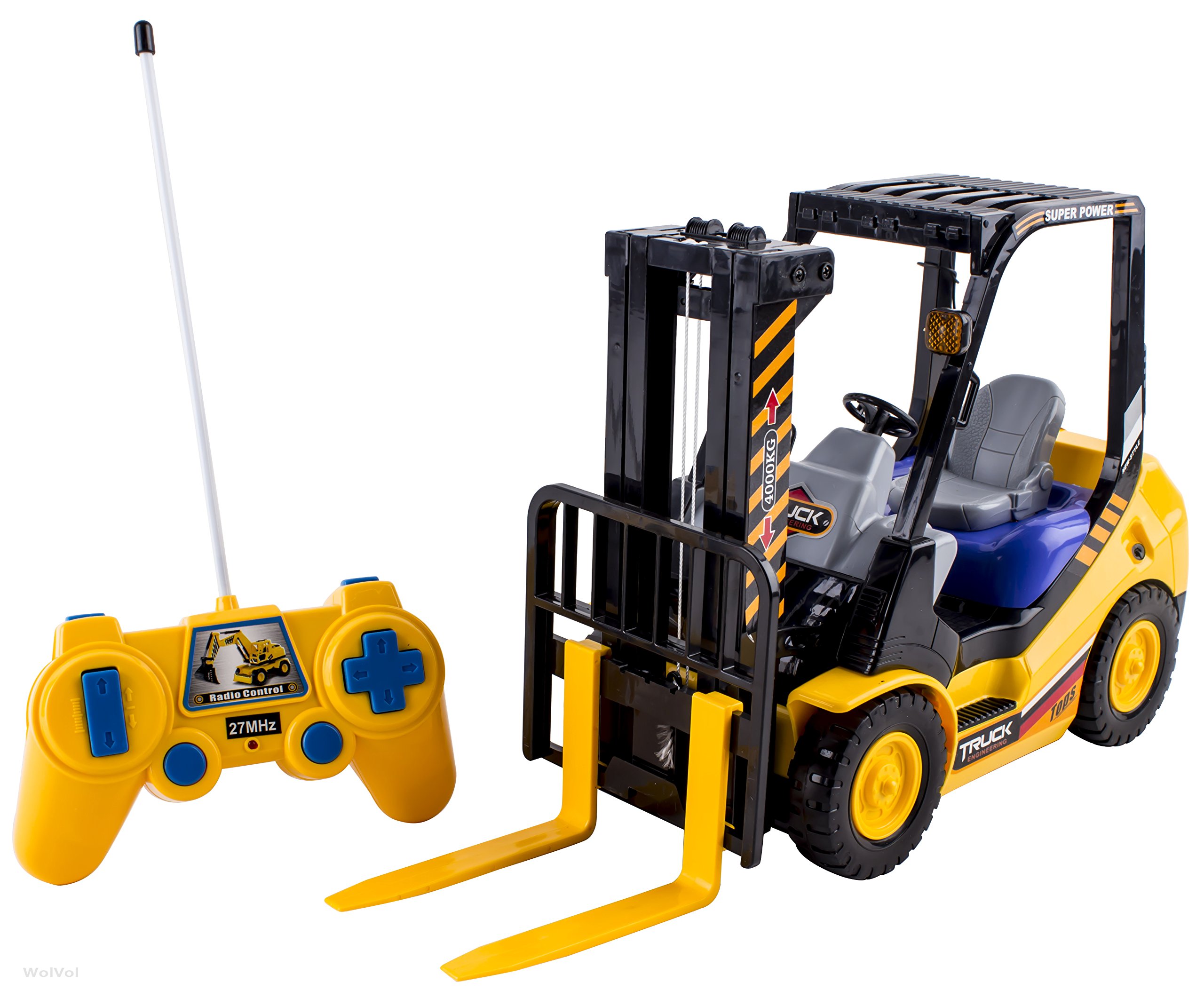 WolVolk 6-Channel Electric Remote Control Forklift - Functional RC Lighted Fork Lift Toy w/Pallet, Barrel, Rechargeable Batteries & Charger - Pretend Construction Playset for Kids